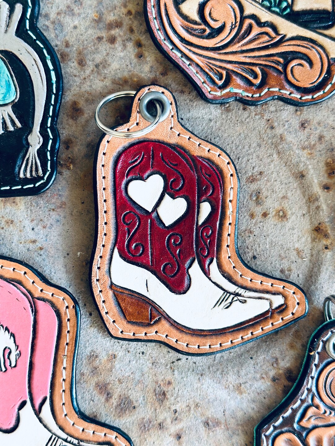 Tooled Leather Boot Keychain: Handmade Western Accessory - Etsy