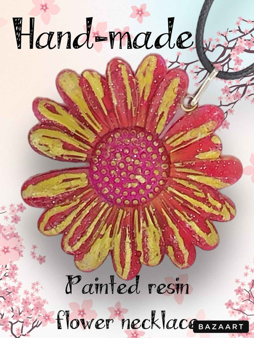 Handmade Painted Resin Daisy Flower Necklace Reddish Pink - Etsy