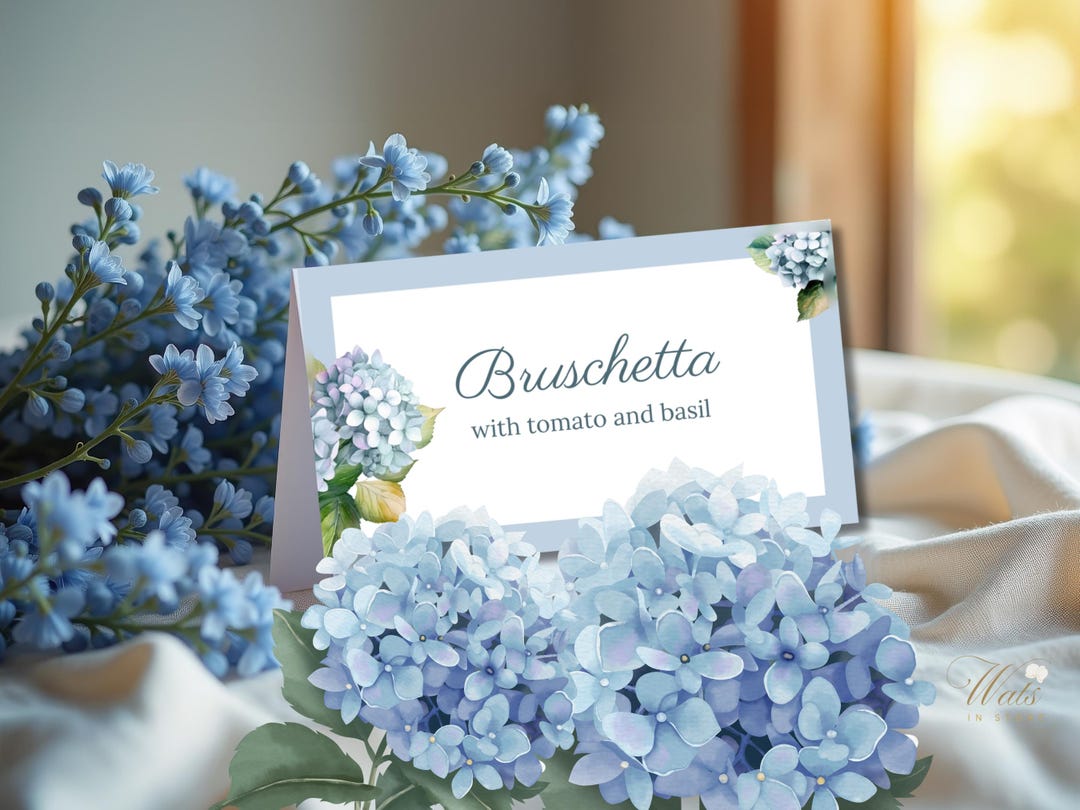 Buffet Card Table Signs, Blue Hydrangeas Wedding Buffet Labels ...