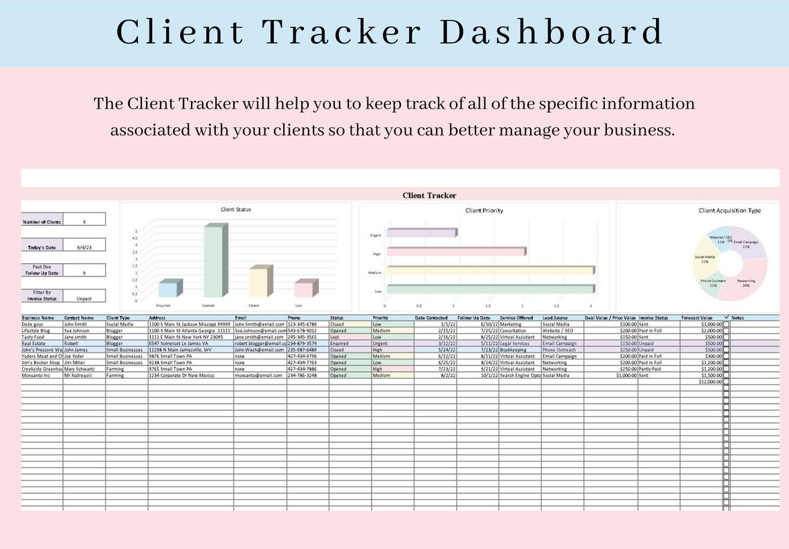 Client Tracker, Client Management Spreadsheet, Small Business Template ...
