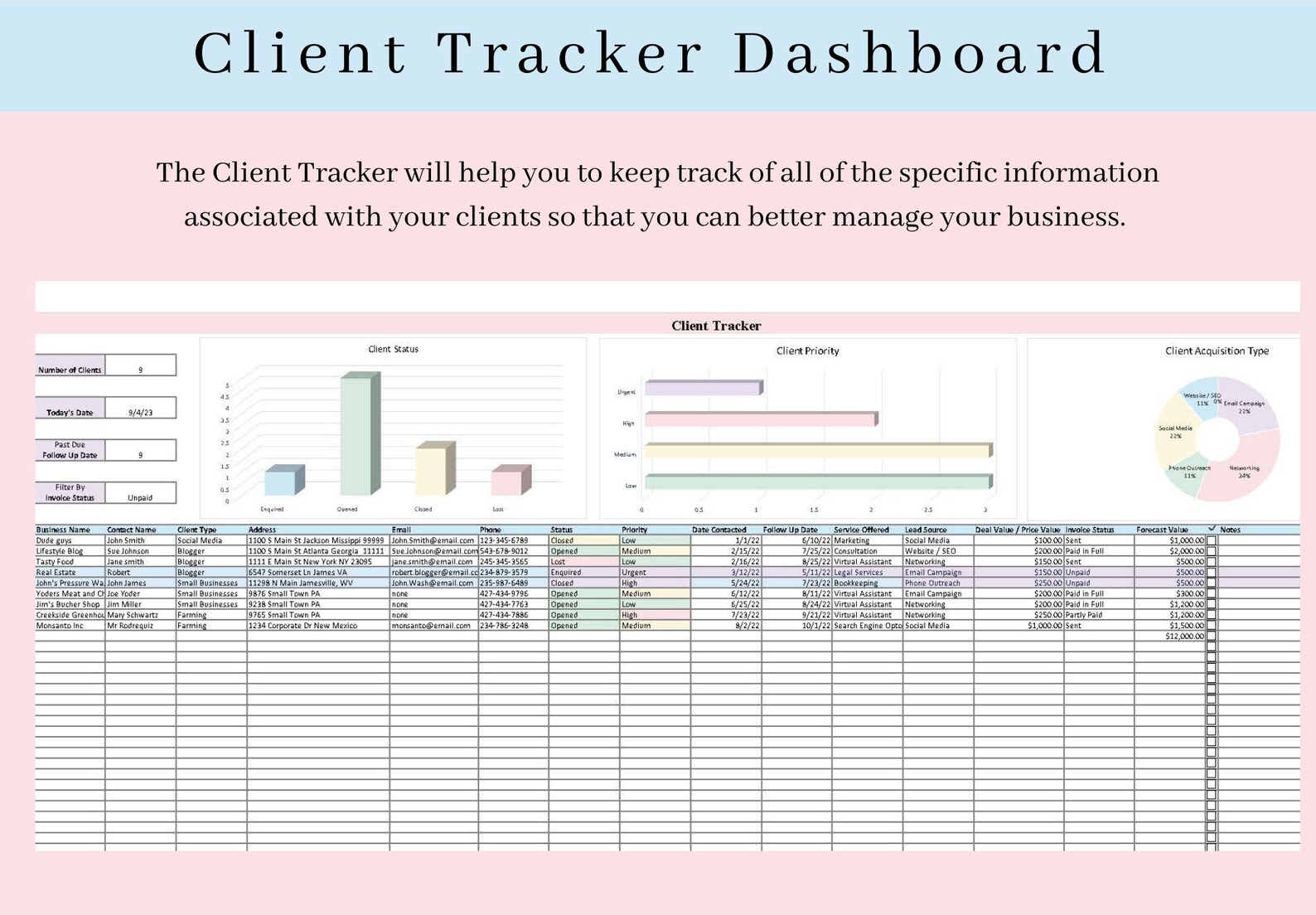 Client Tracker, Client Management Spreadsheet, Small Business Template ...