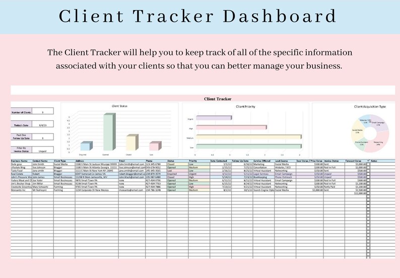 Client Tracker, Client Management Spreadsheet, Small Business Template ...