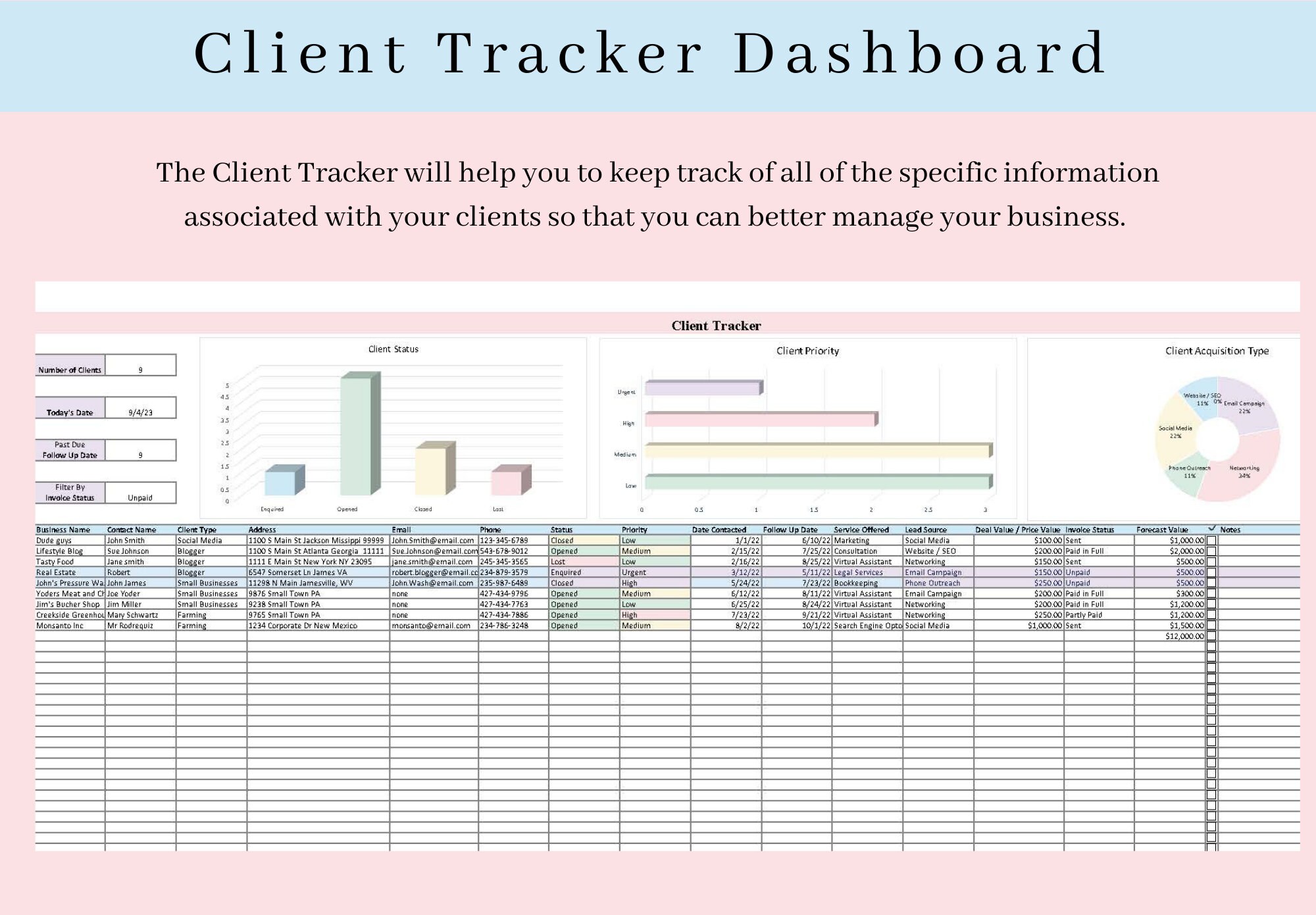 Client Tracker, Client Management Spreadsheet, Small Business Template ...