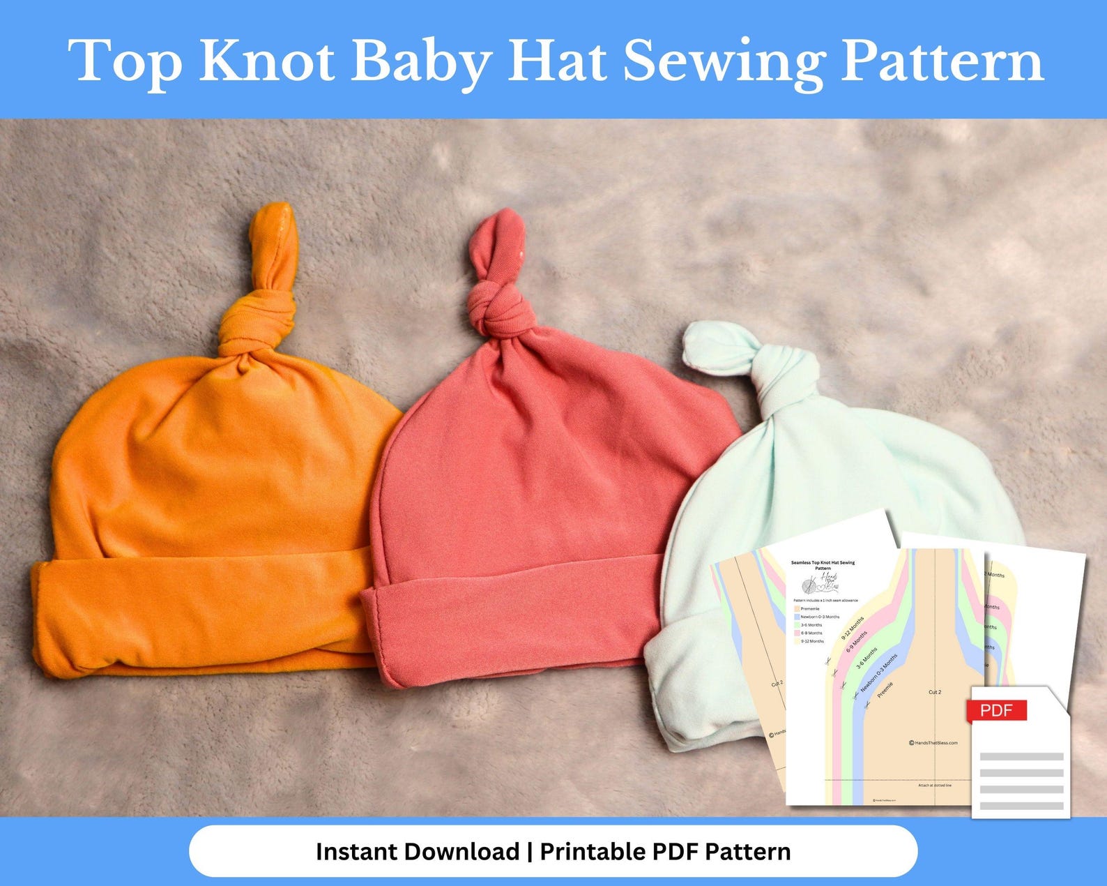 Baby Hat Sewing Pattern, Baby Hat PDF Sewing Patterns, Baby Knot Hat ...
