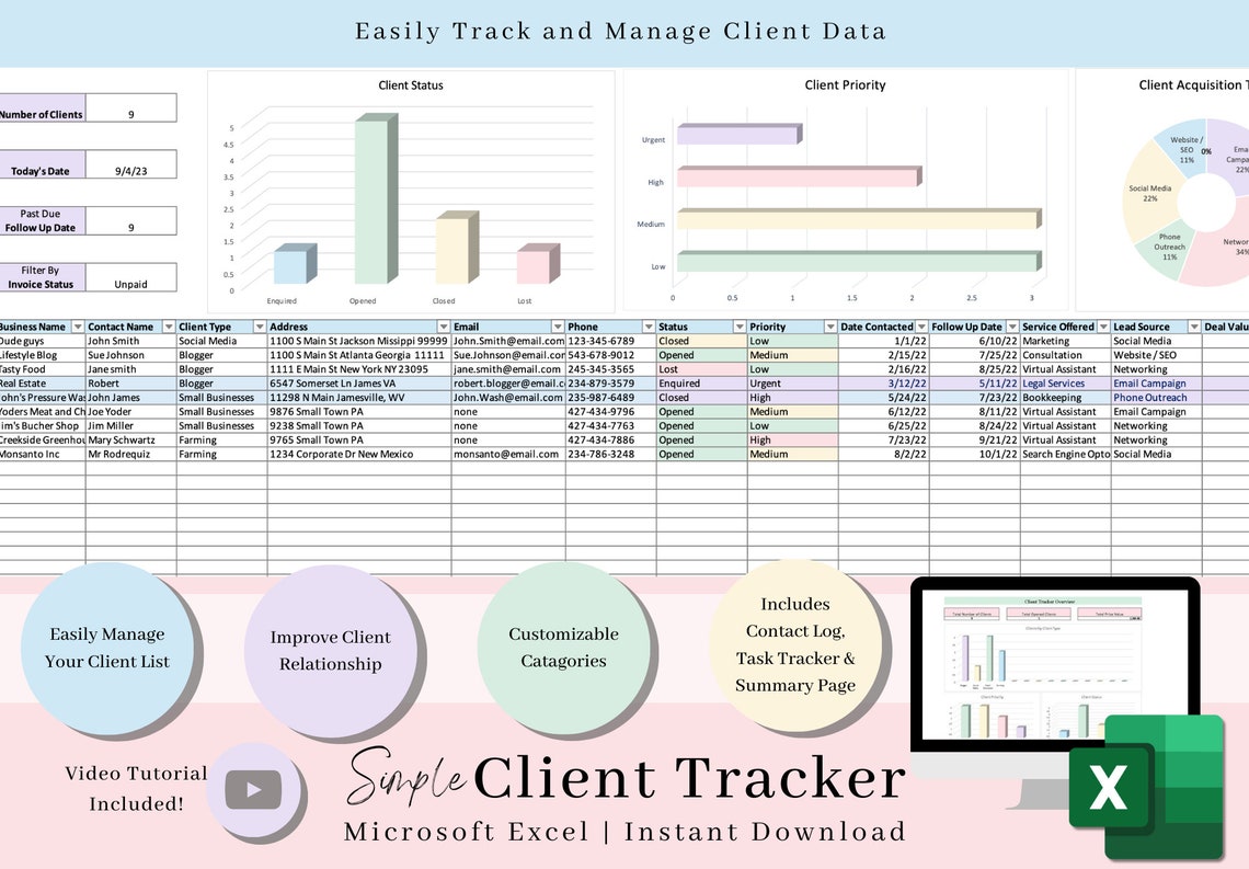 Client Tracker, Client Management Spreadsheet, Small Business Template ...