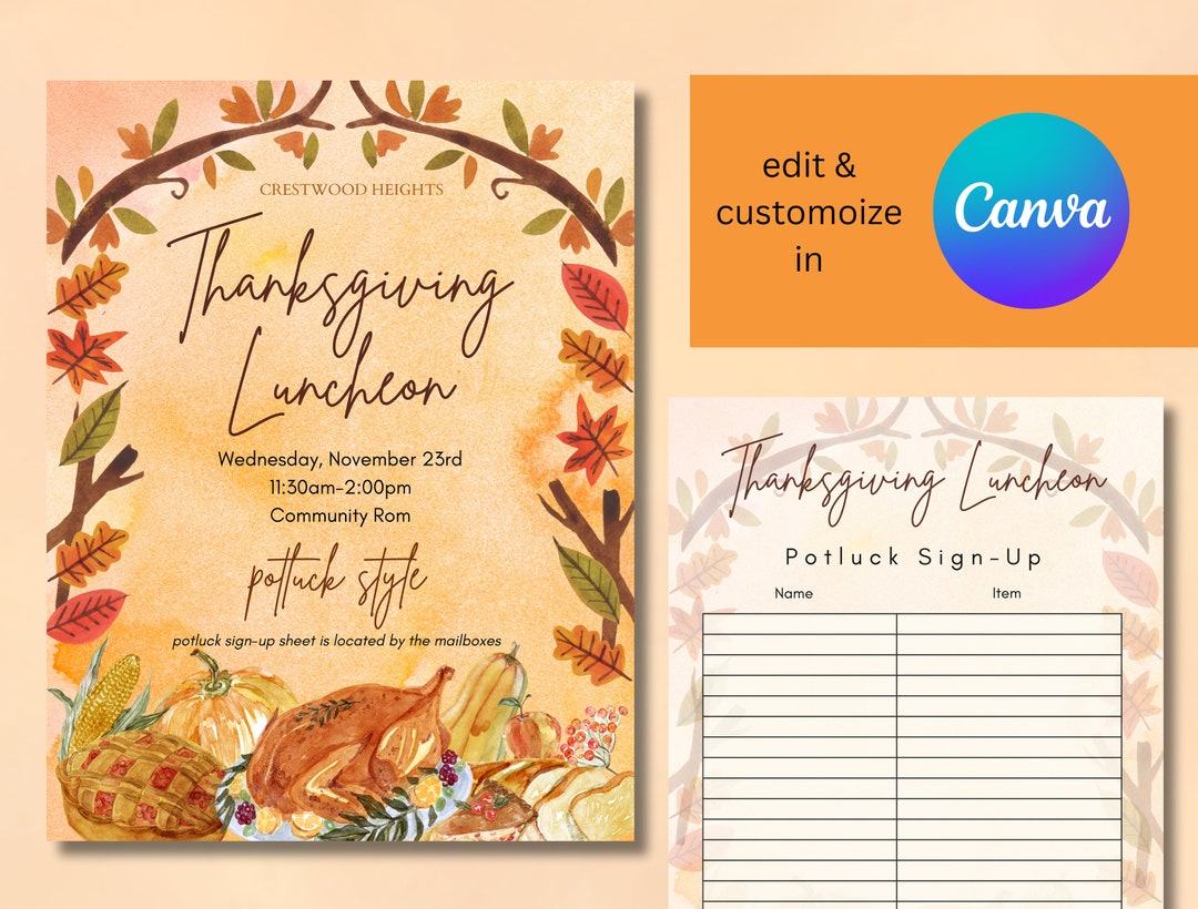 Thanksgiving Friendsgiving Luncheon Dinner Potluck Flyer and Sign-up ...
