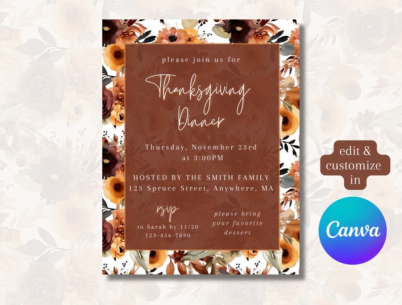Thanksgiving Fall Floral Classic Dinner Invitation Editable Canva ...
