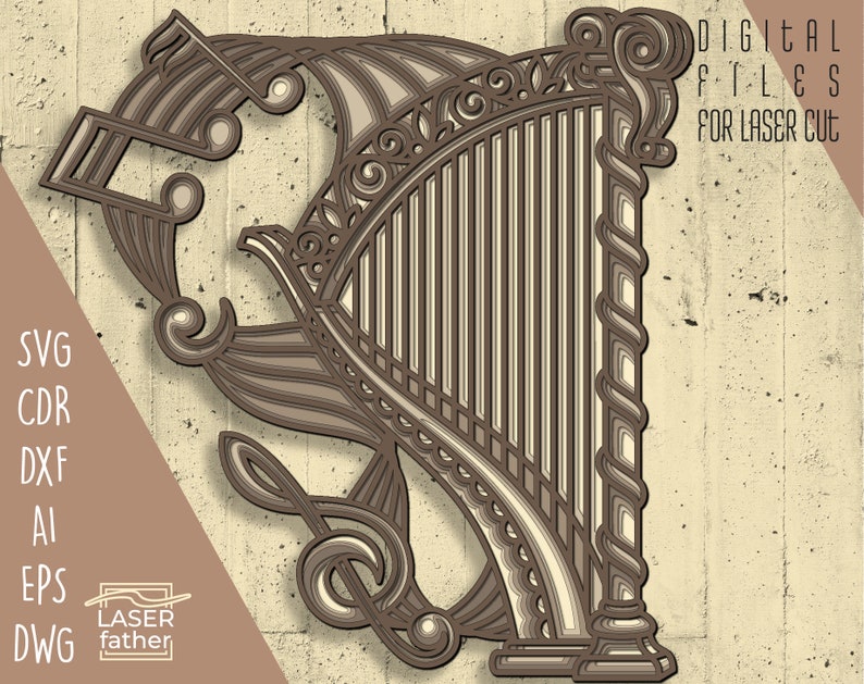 Multilayered 3D Harp SVG Laser Cut Files Music Instruments - Etsy