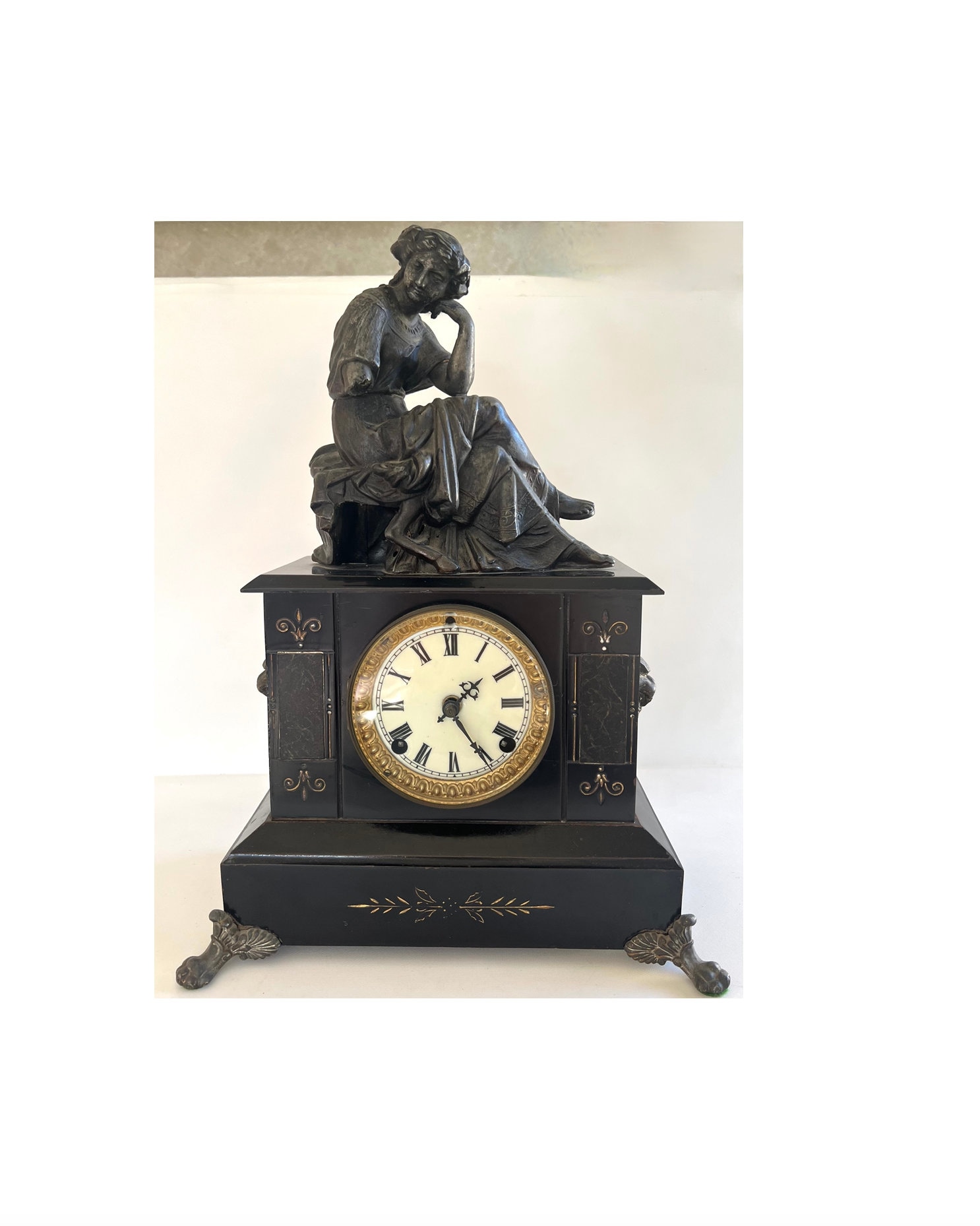 ANTIQUE MANTLE DESK Clock Black Metal Statue Figurine on Top, With Key ...