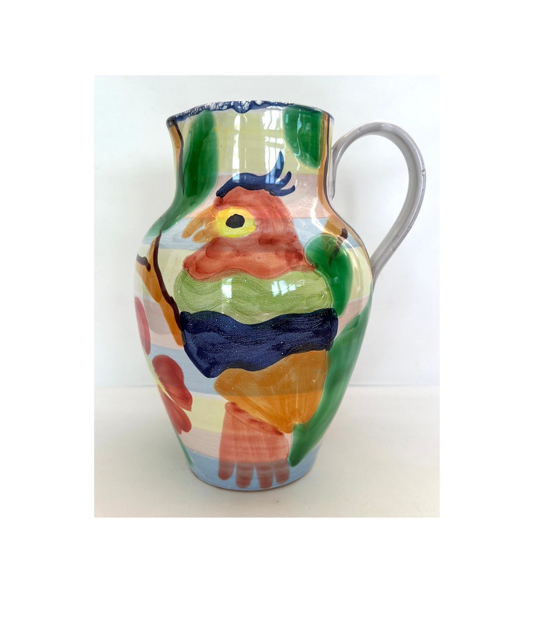 Fun Colorful TROPICAL PARROT PITCHER Ceramic Jug Bird Toucan Flower ...