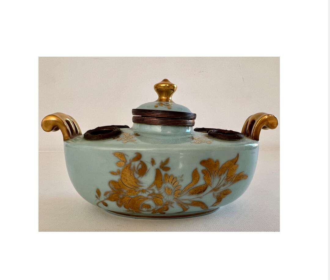 ANTIQUE Blue Porcelain & Gold Leaf Pen and Ink Writing Holder Desk Set ...