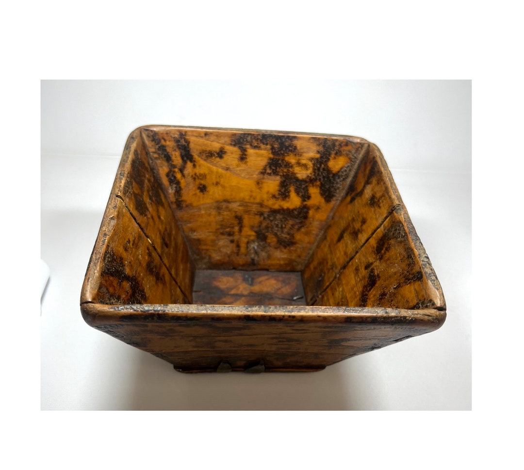 ANTIQUE ASIAN Square Wood Rice Measure Bowl Basket, Metal Brackets, 6.5 ...