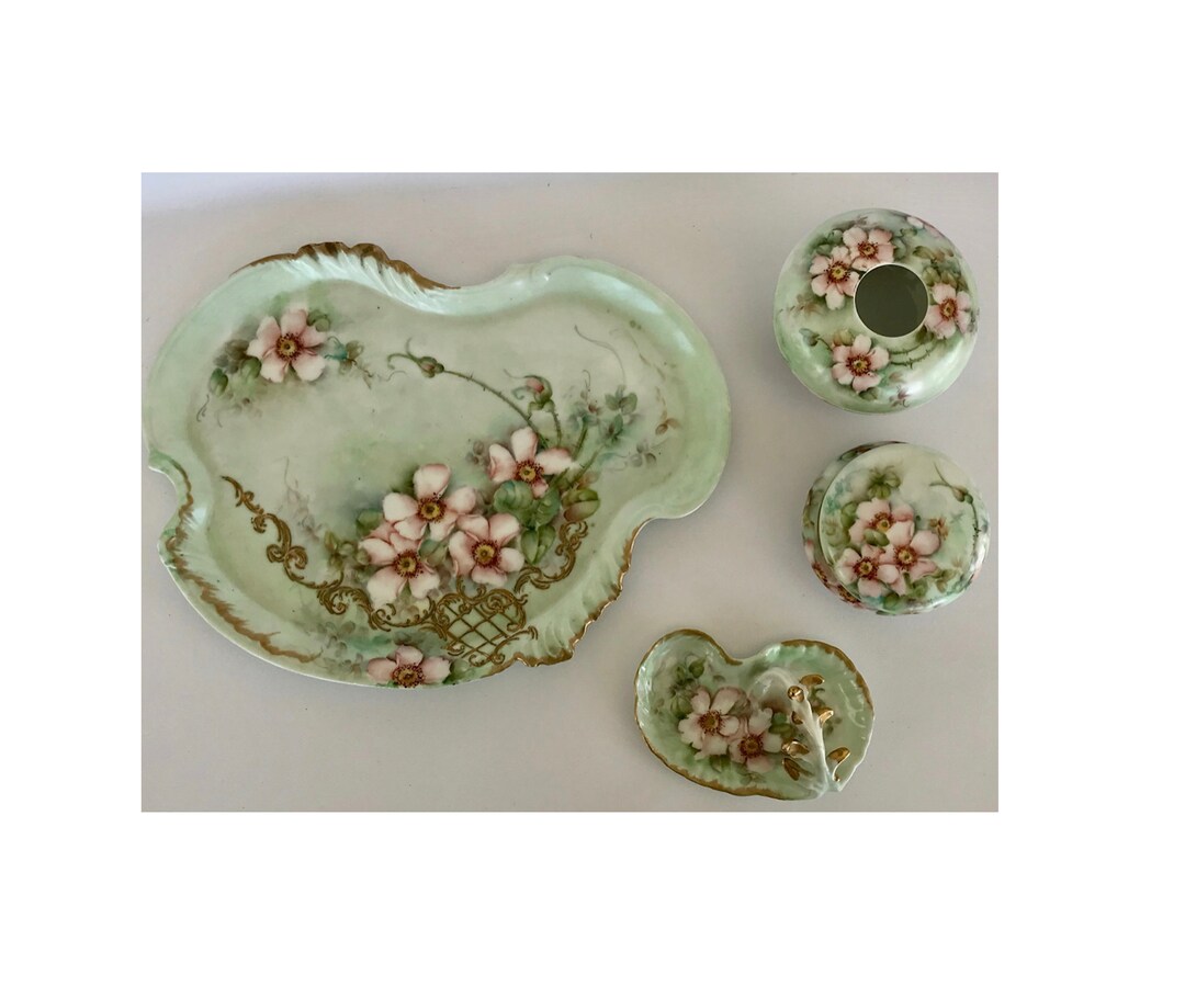 Set of 4 LIMOGES DRESSER VANITY Set, Green, Pink & Gold Leaf, Roses ...