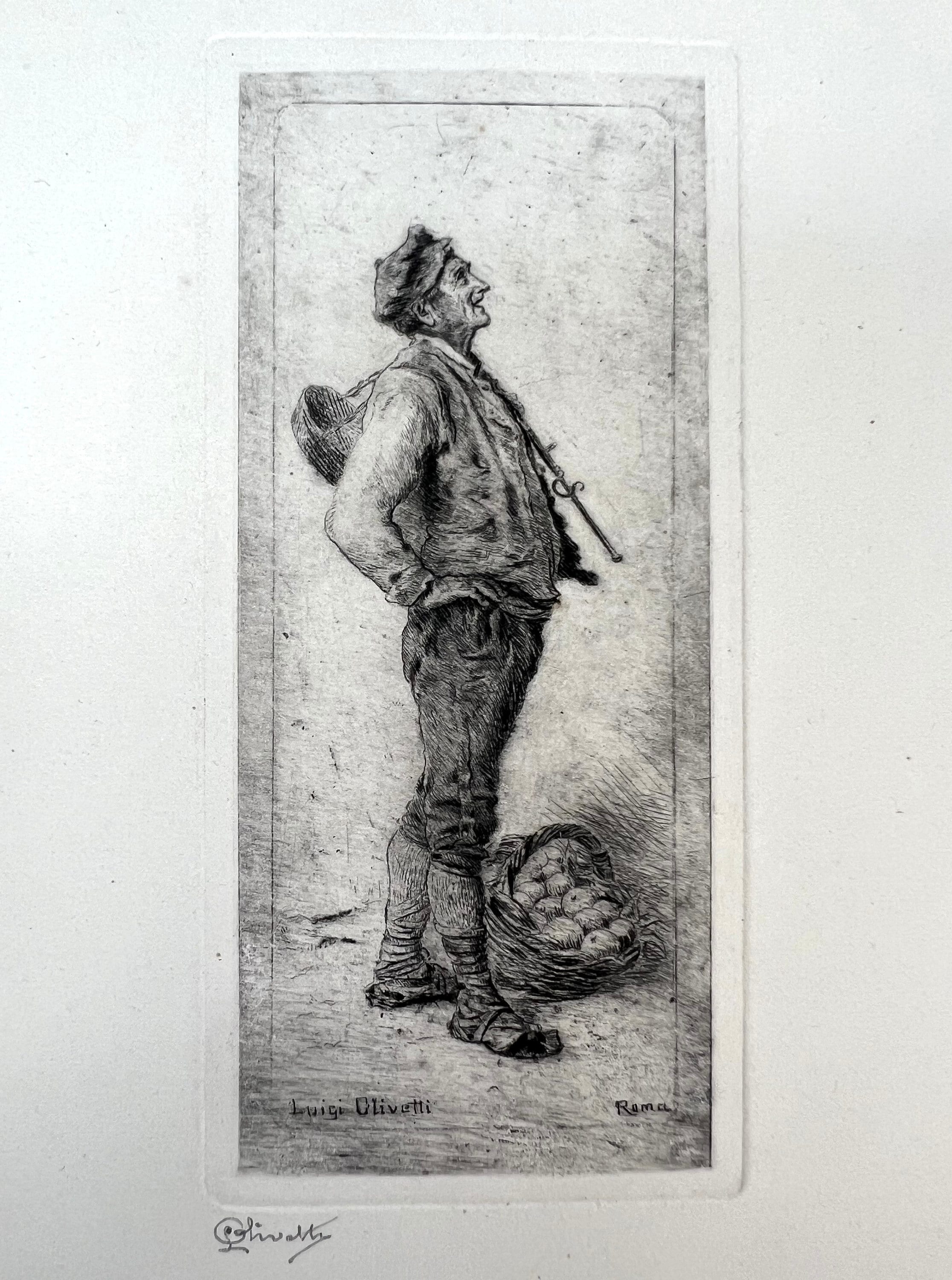 ANTIQUE ITALIAN ETCHING by Luigi Olivetti, Signed, Roman Market Vendor ...
