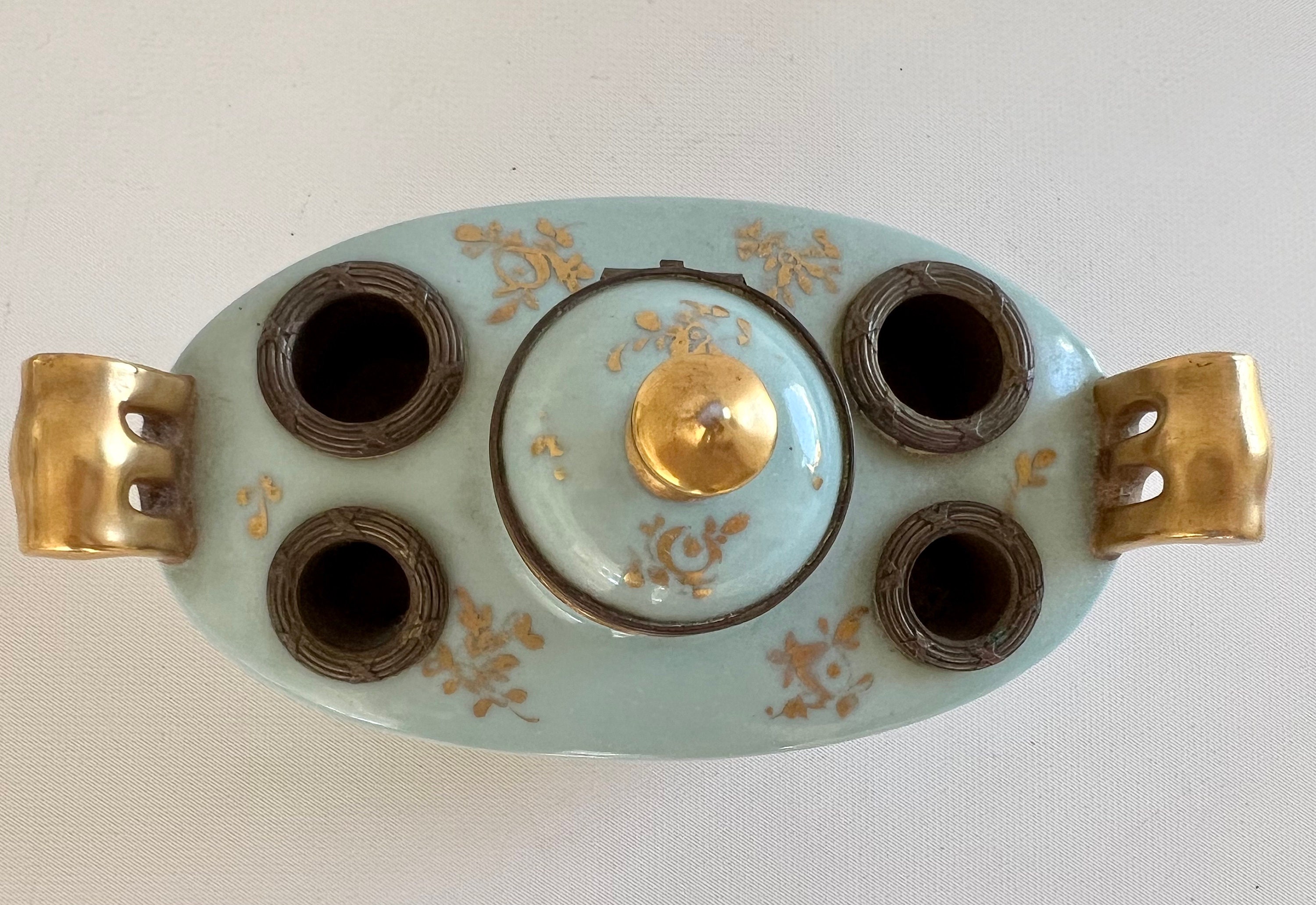 ANTIQUE Blue Porcelain & Gold Leaf Pen and Ink Writing Holder Desk Set ...