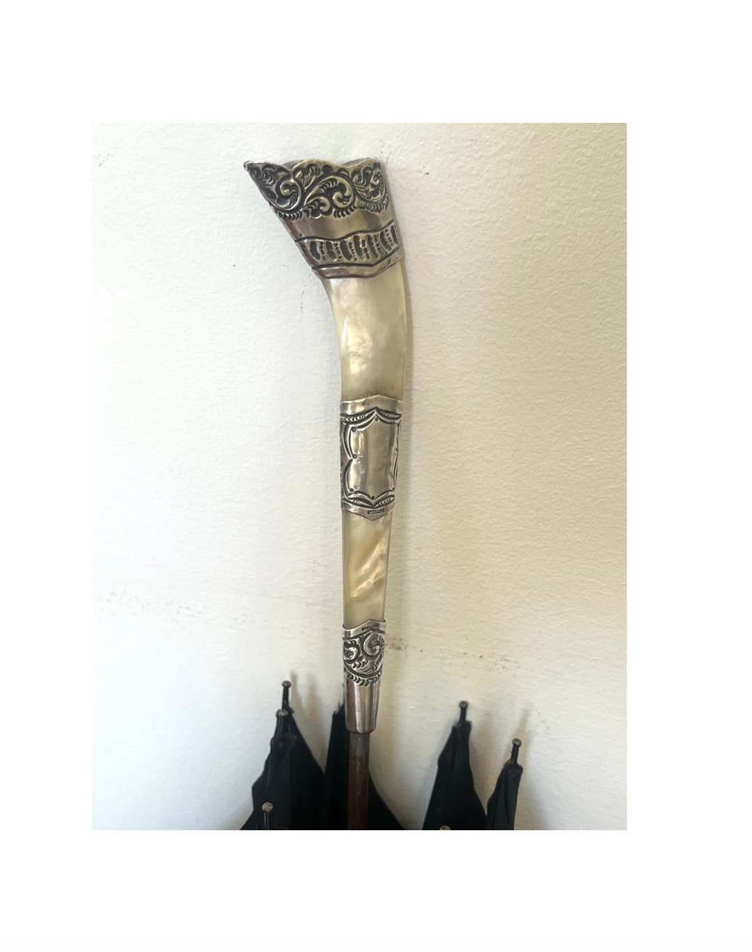 ANTIQUE BLACK UMBRELLA Parasol, Sterling Silver & Mother of Pearl ...
