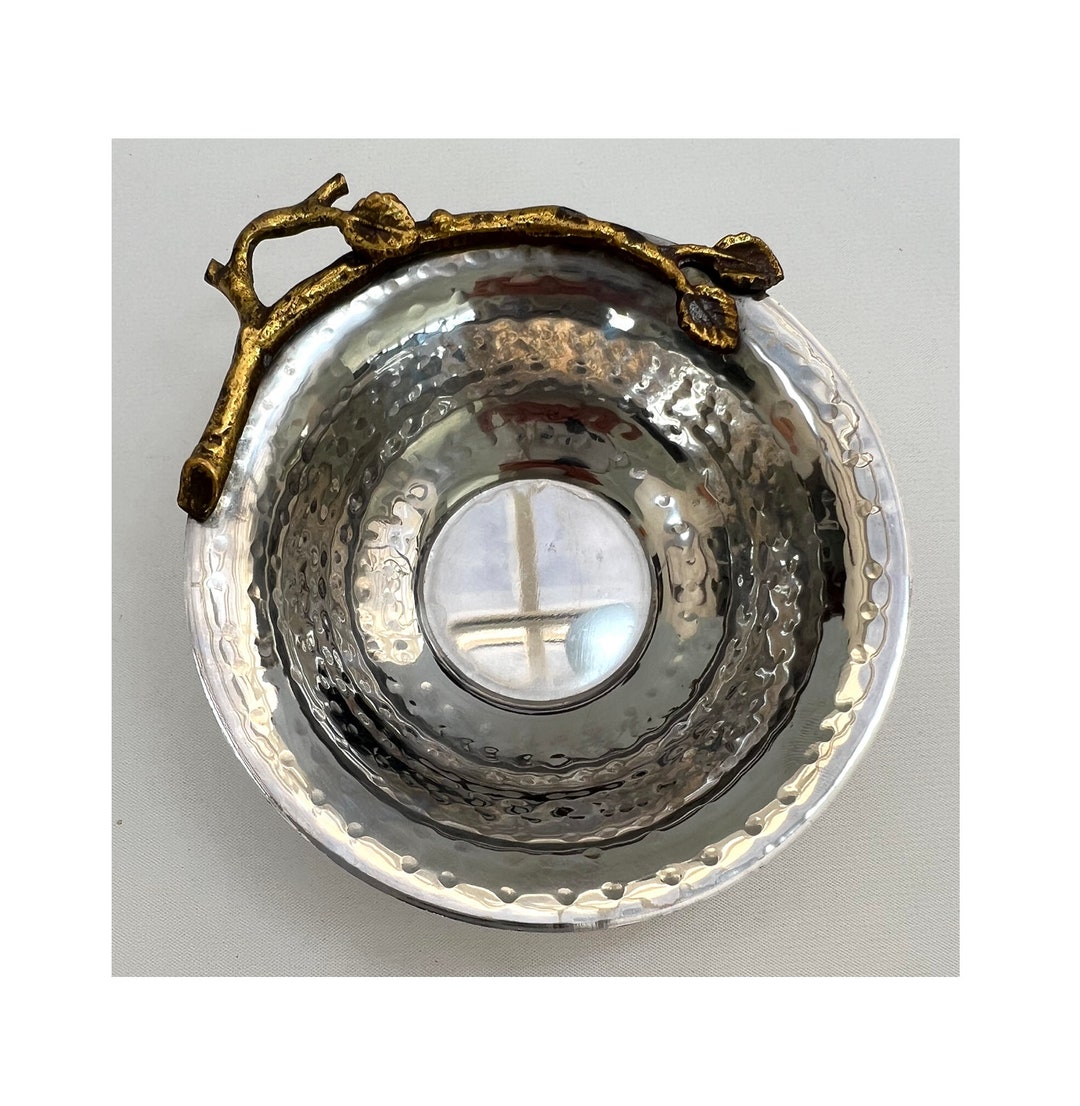 LEEBER GOLDEN VINE Hammered Steel & Brass Nut Olive Bowl, Branch Leaf ...