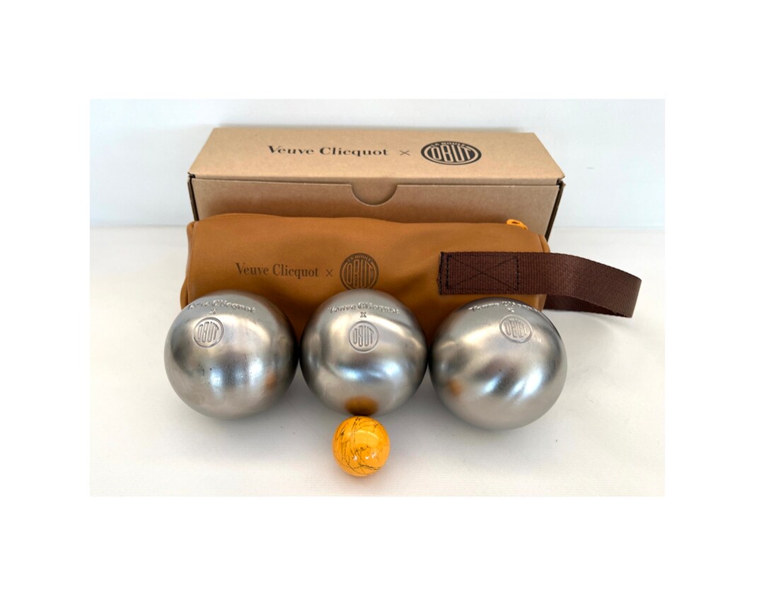 VEUVE CLICQUOT OBUT Pétanque Boules Bocce Ball & Jack With Leather Case ...