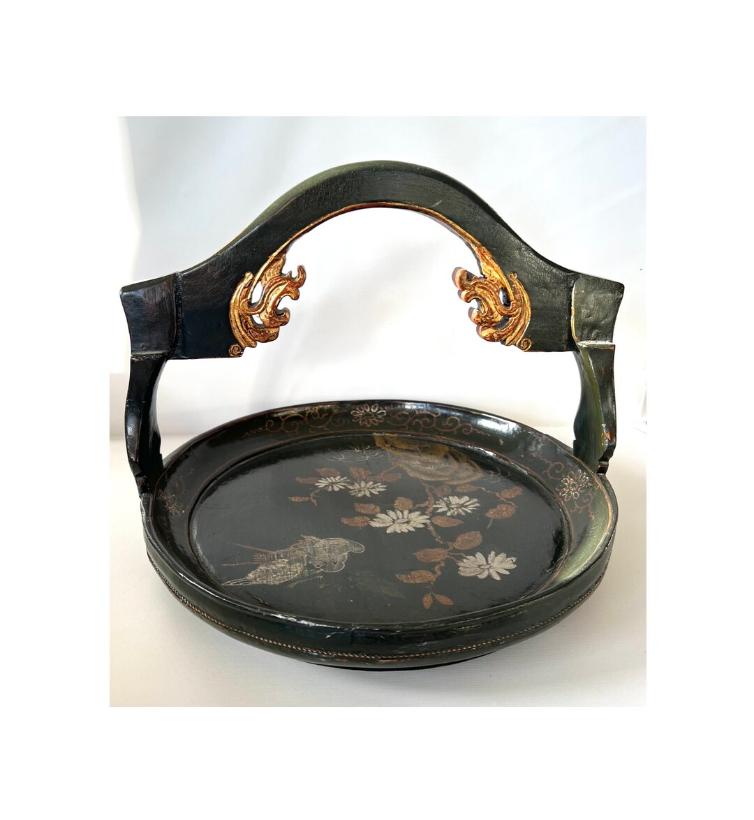 Antique CHINESE OFFERING BASKET Tray Hand Carved Gold Leaf Black Wood ...