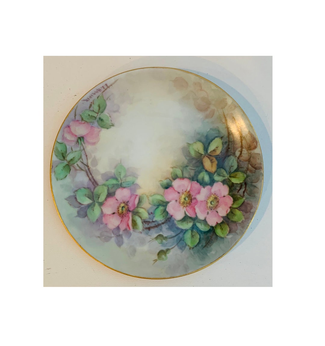 ANTIQUE JOHN S HANCOCK Hand Painted Plate, Pink Flowers Roses Leaves ...