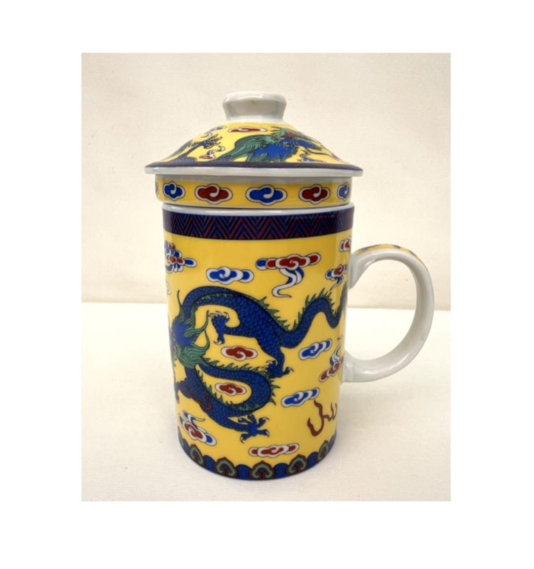 ASIAN TEA CUP With Infuser & Lid, Porcelain, Yellow, Blue, Red, Chinese ...