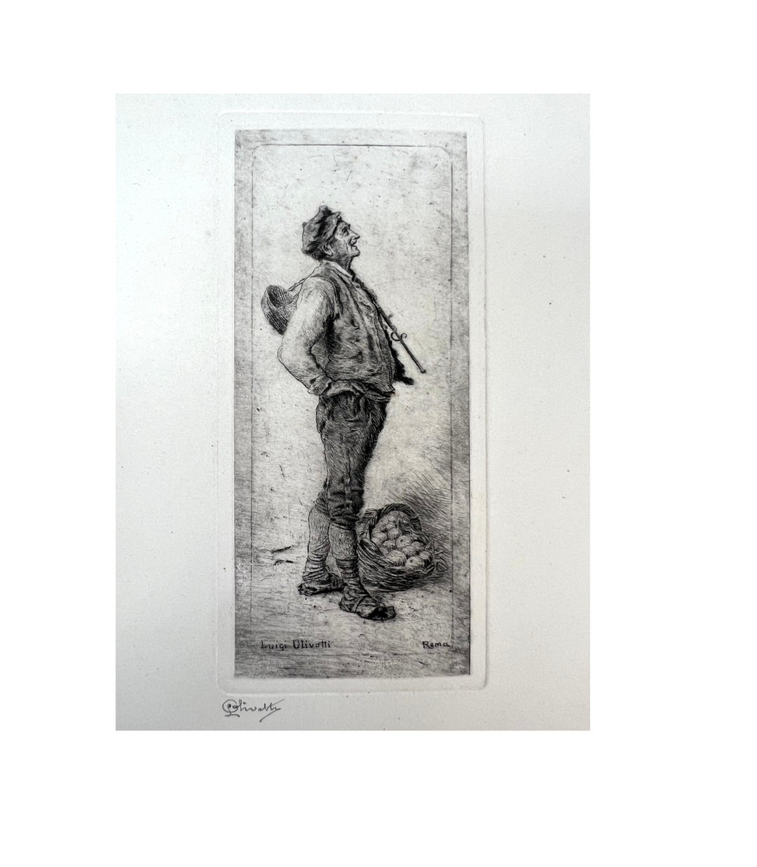 ANTIQUE ITALIAN ETCHING by Luigi Olivetti, Signed, Roman Market Vendor ...
