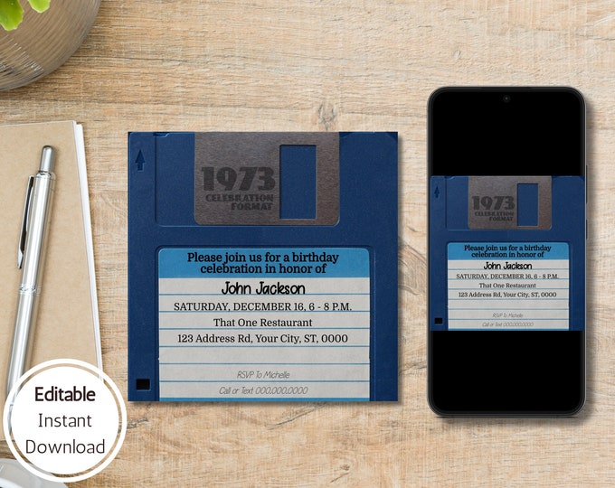Floppy Disk 50th Birthday Invitation for Men, 80s Theme Party Invite ...