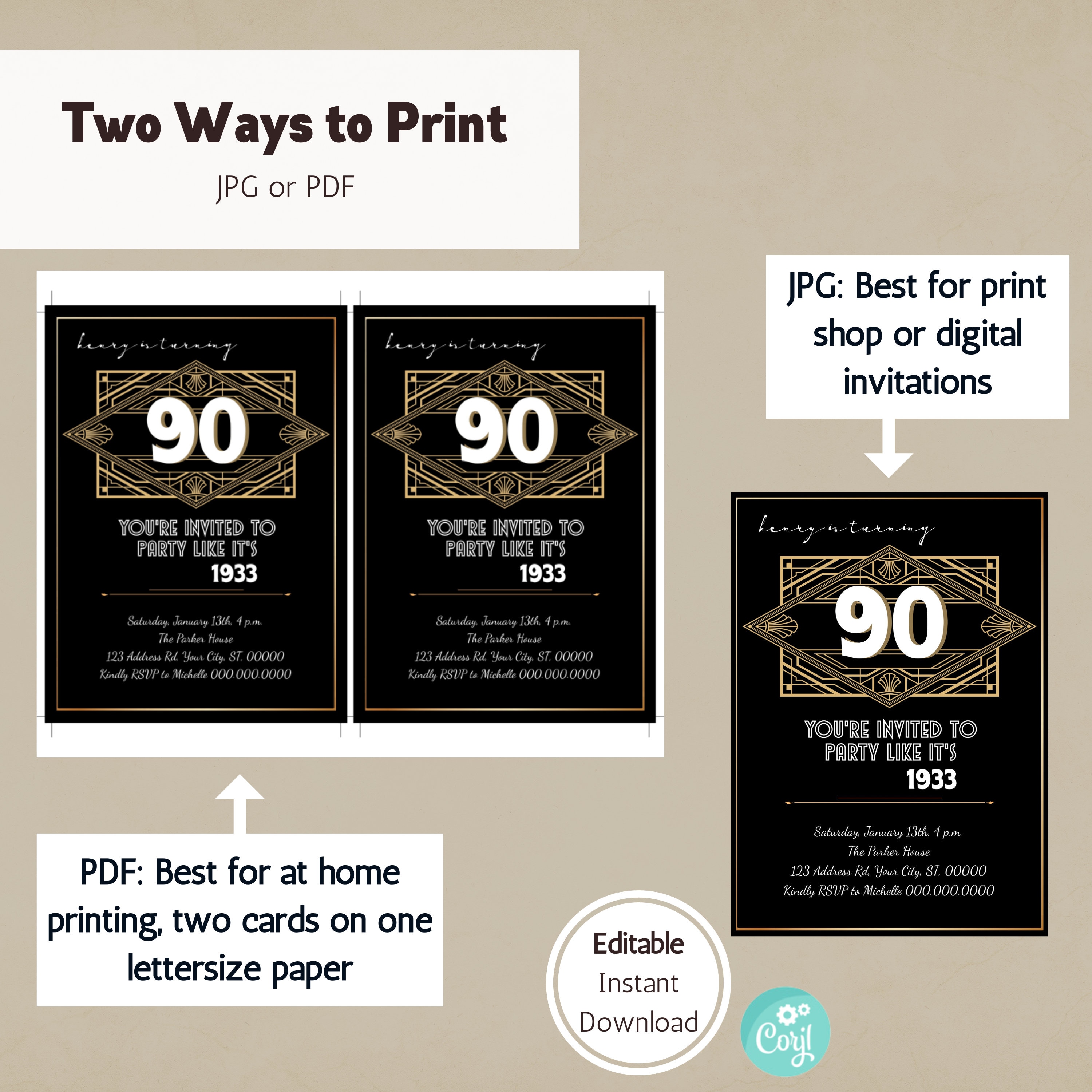 Editable 90th Birthday Invitation Art Deco Invite Black and - Etsy