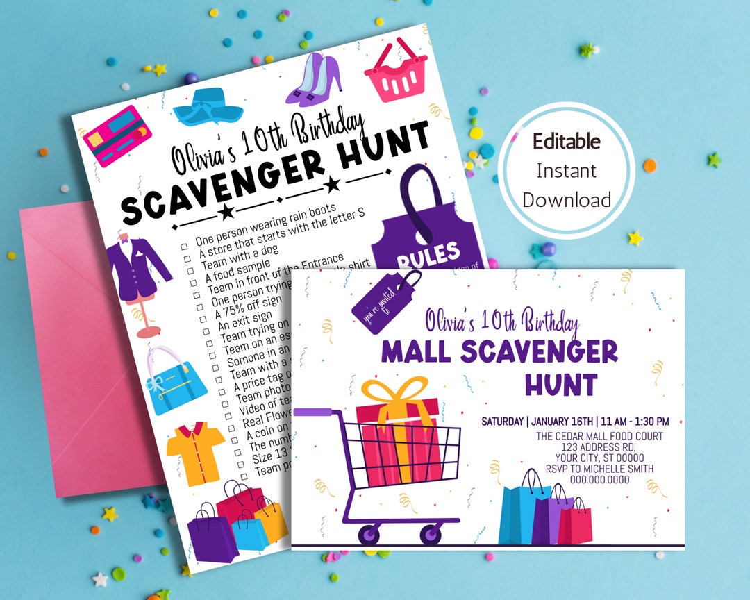 Mall Scavenger Hunt Invitation and Game Template Set Photo - Etsy