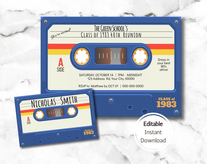 Cassette Tape 50th Class Reunion Invitation and Name Tag Set, Retro ...