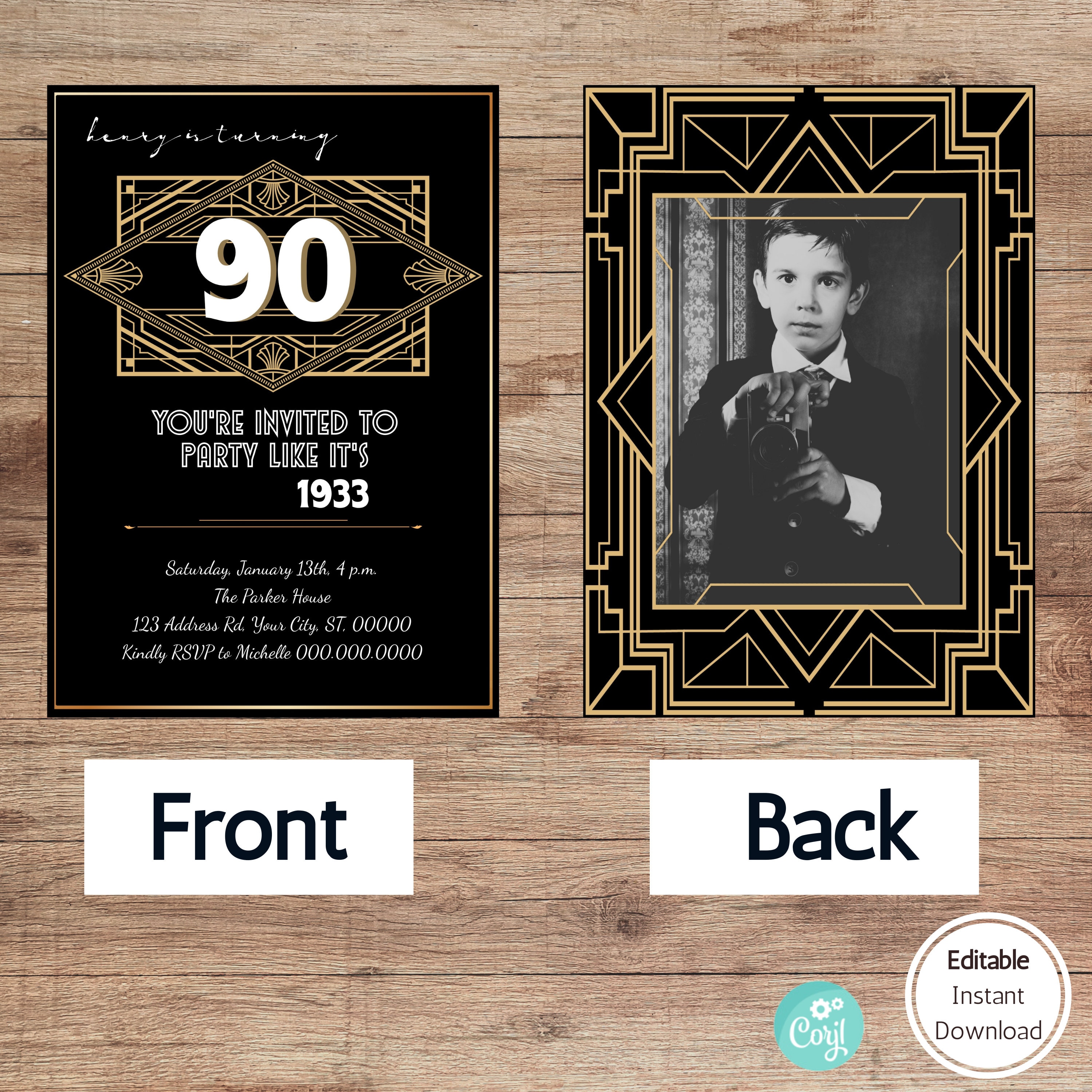 Editable 90th Birthday Invitation Art Deco Invite Black and - Etsy