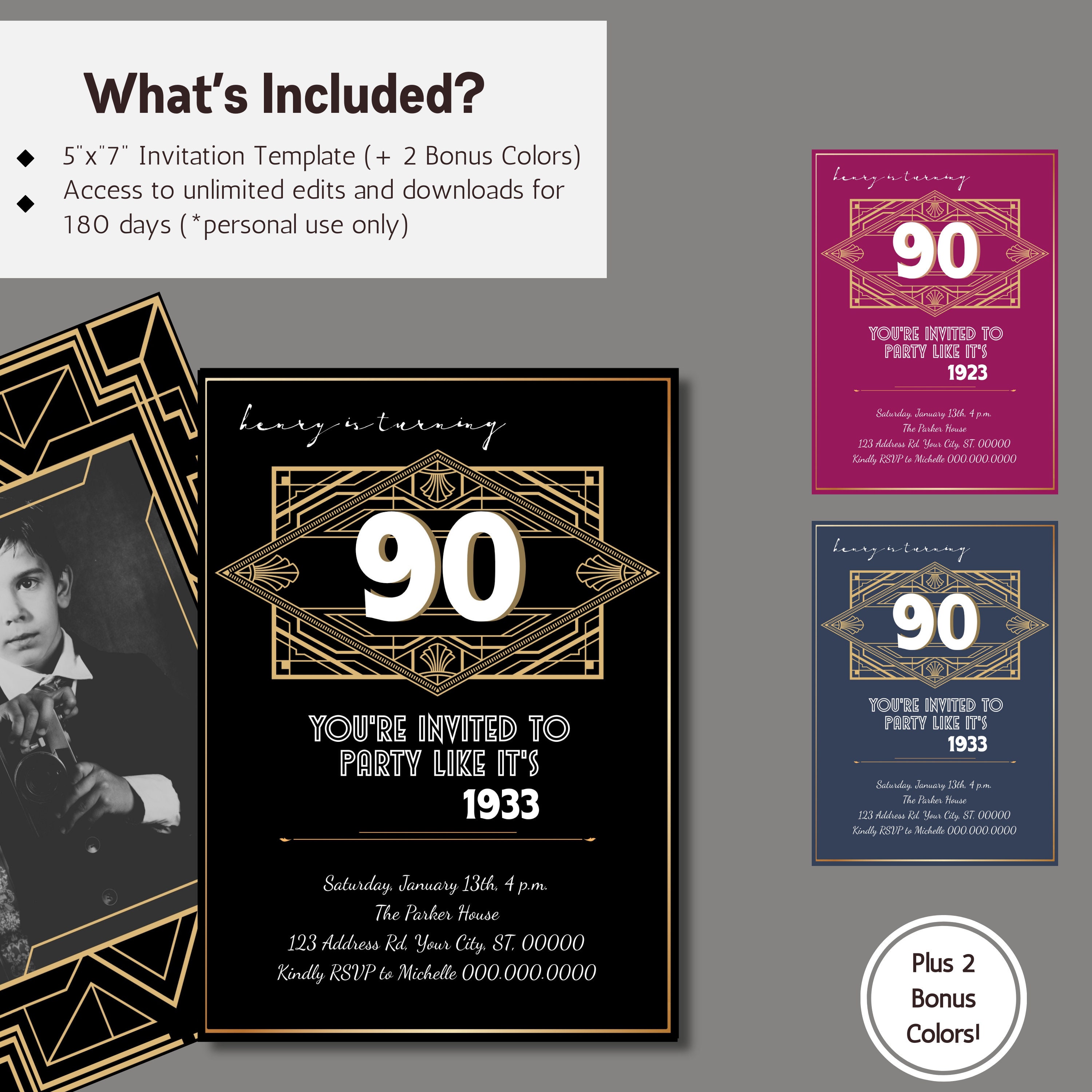 Editable 90th Birthday Invitation Art Deco Invite Black and - Etsy