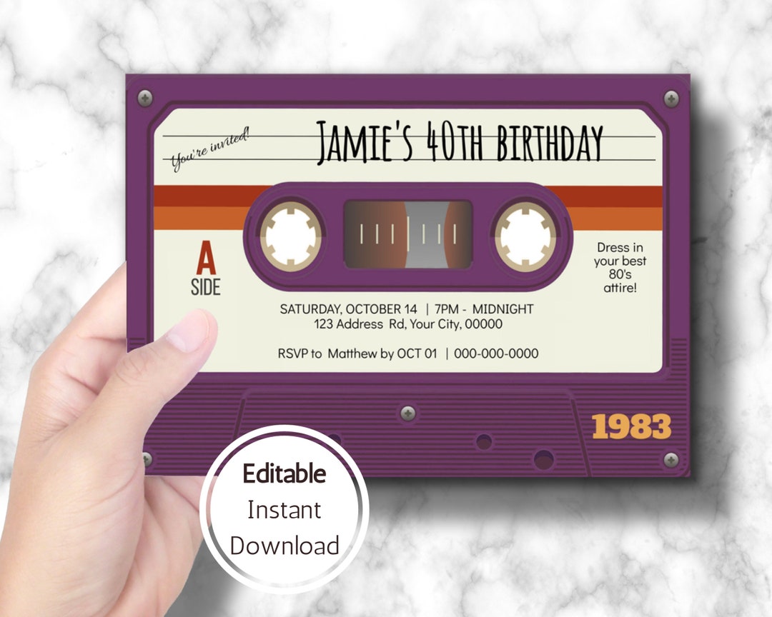 Editable Cassette Tape Invitation 80s Birthday Party Invite - Etsy