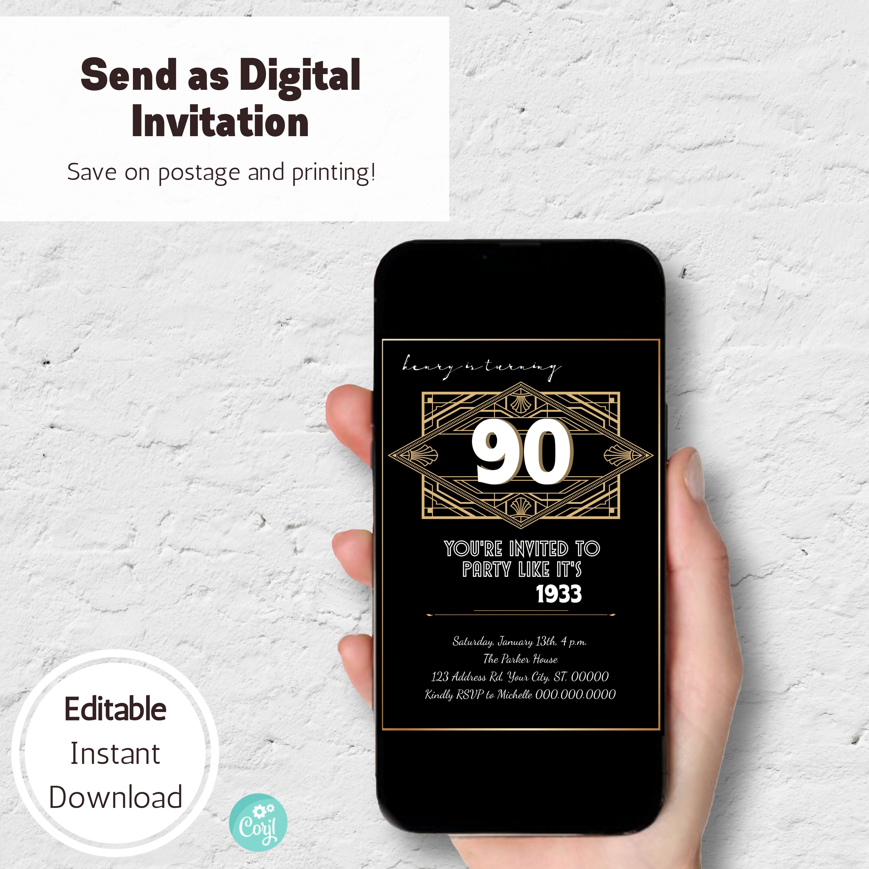 Editable 90th Birthday Invitation Art Deco Invite Black and - Etsy