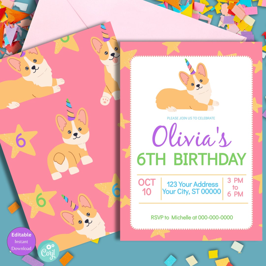 Editable Unicorn Birthday Invitation Unicorns Corgis Unicorn - Etsy
