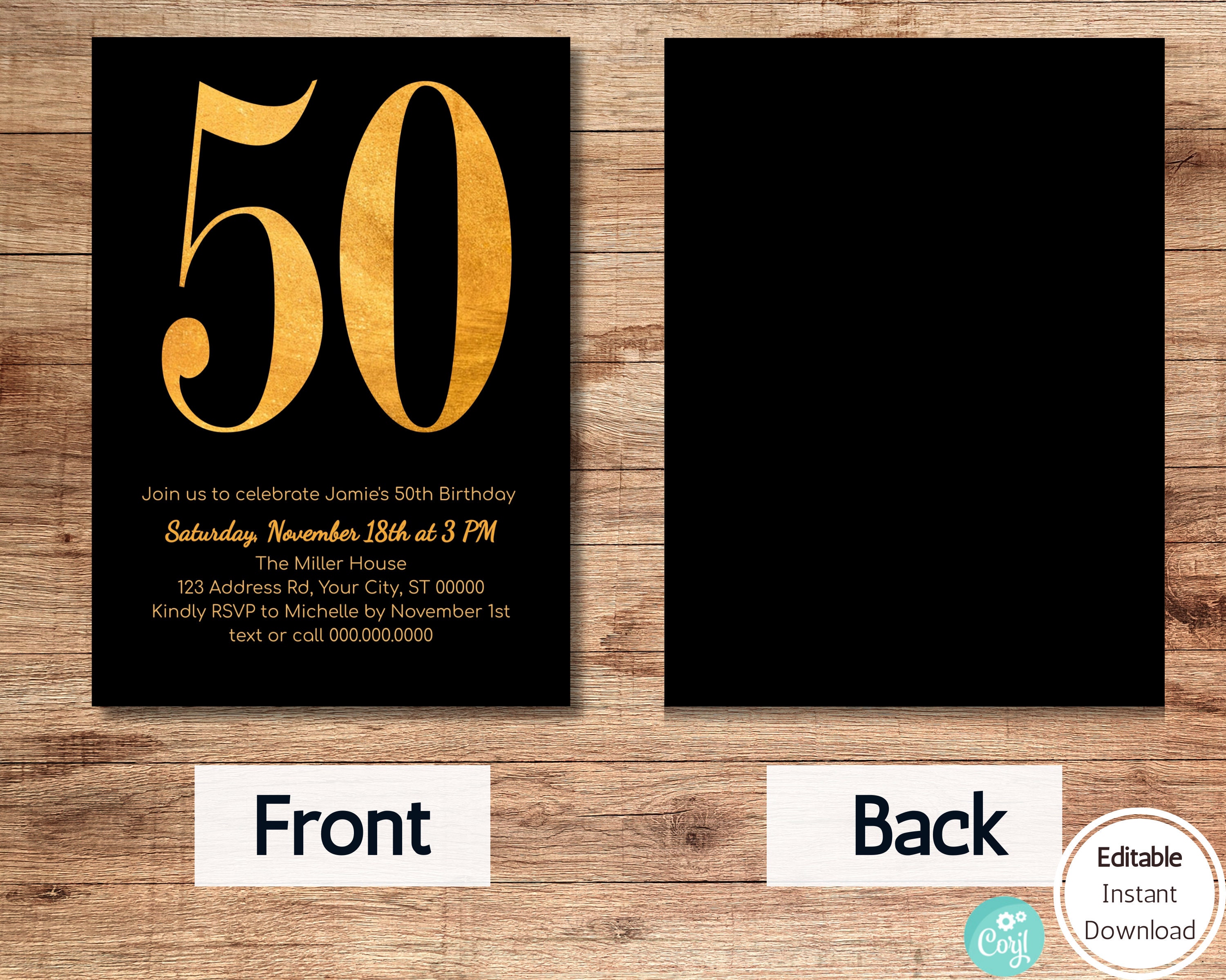 Black and Gold 50th Birthday Invitation 50 Anniversary - Etsy