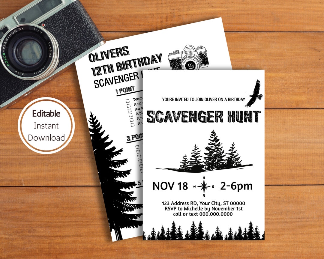 Photo Scavenger Hunt Birthday Invitation and Game Template Set, Boy ...
