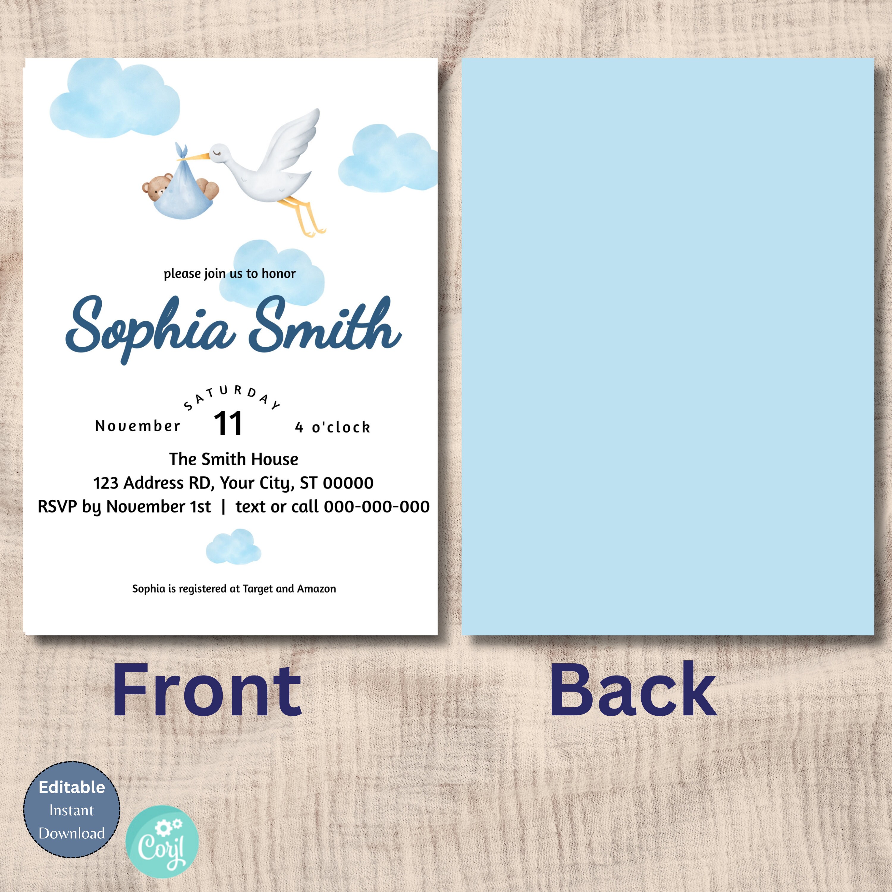 Editable Boy Baby Shower Invitation Baby Boy Stork Teddy Bear - Etsy