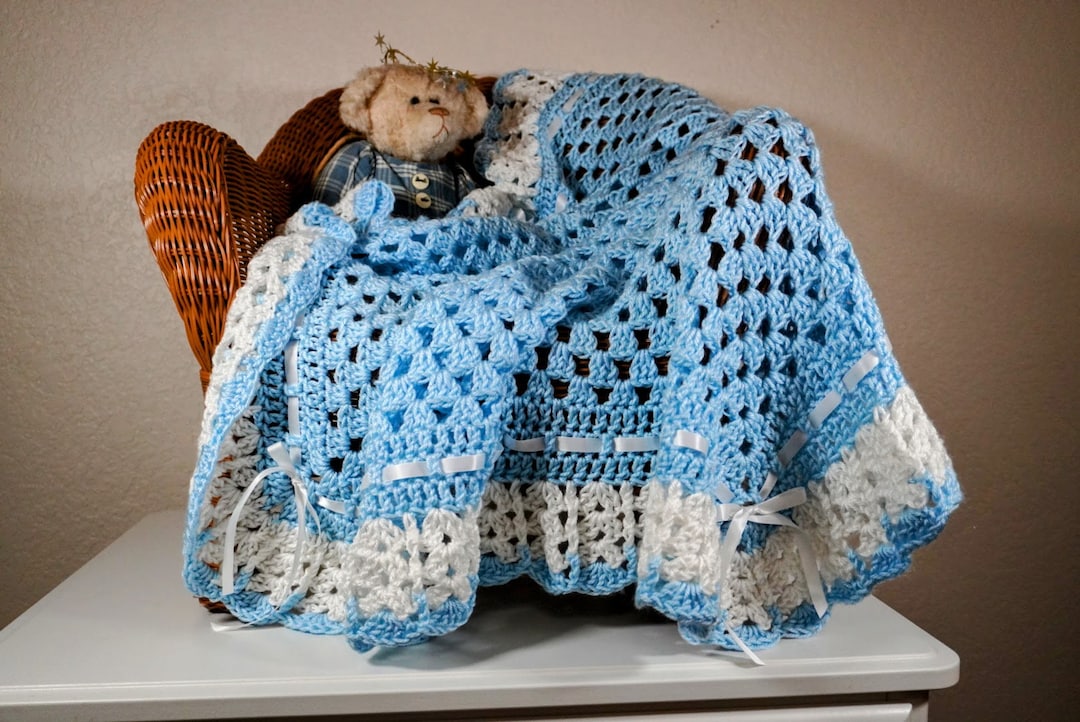 Hand-crochet Blue & White Square Baby Blanket Afghan - Etsy
