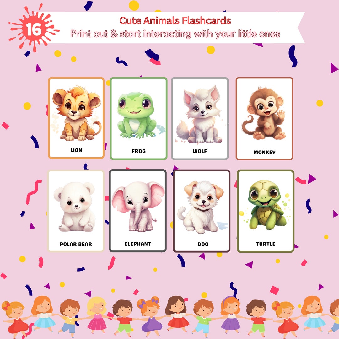 16 Cute Animals Flashcards Montessori Flashcards Pre-school Cards ...