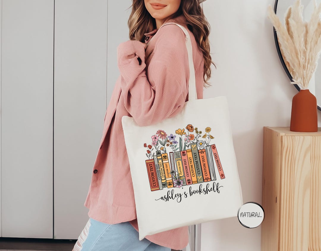 Customized Bookish Tote Bag, Floral Books Tote, Custom Bookshelf Bag ...