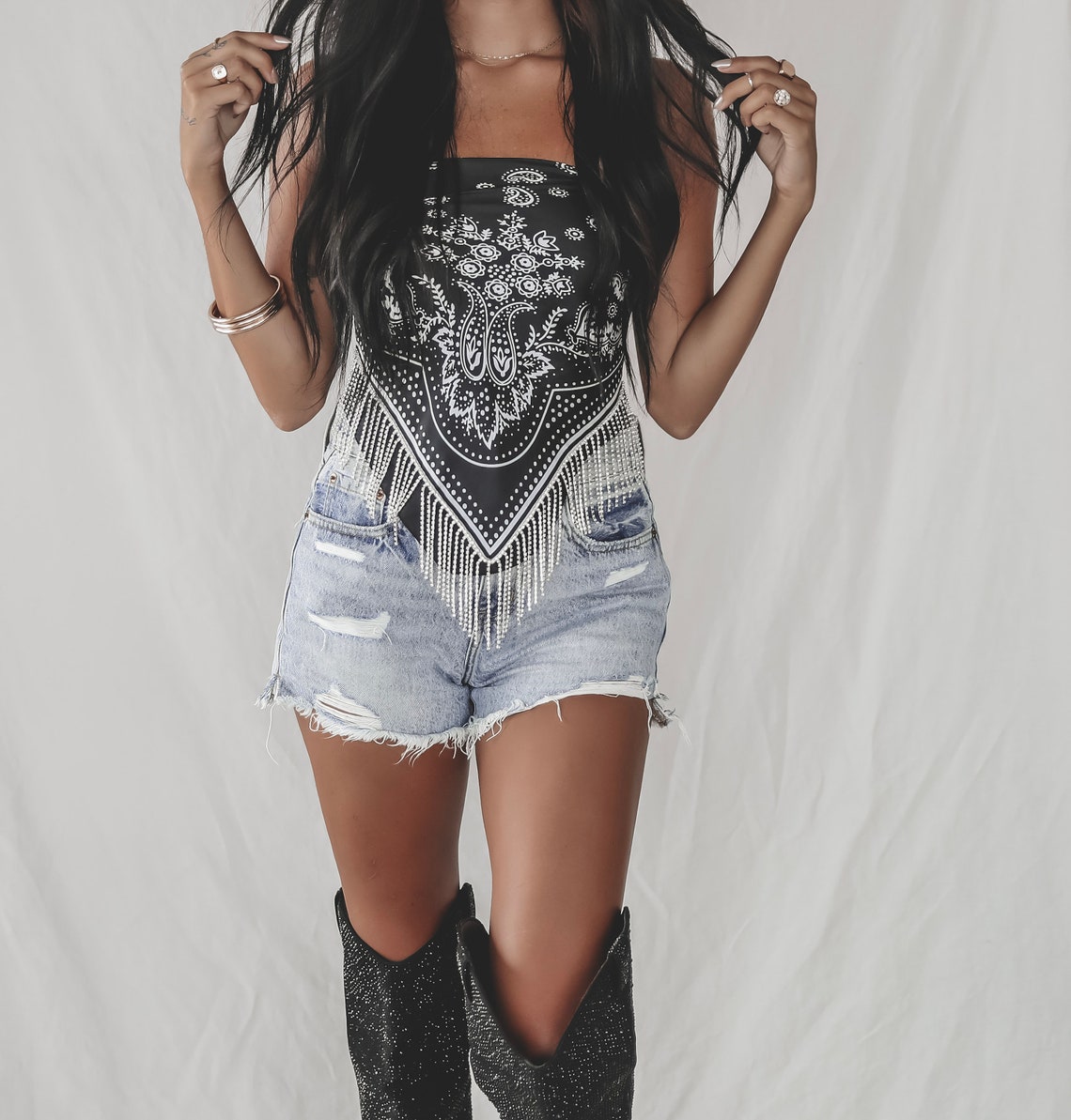 Black Rhinestone Fringe Bandana Top Womens Shirt Party Sparkle Shine ...