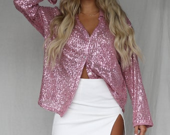 Sequin Button Down Womens Shirt Party Galaxy Black Sparkle Shine Blouse ...