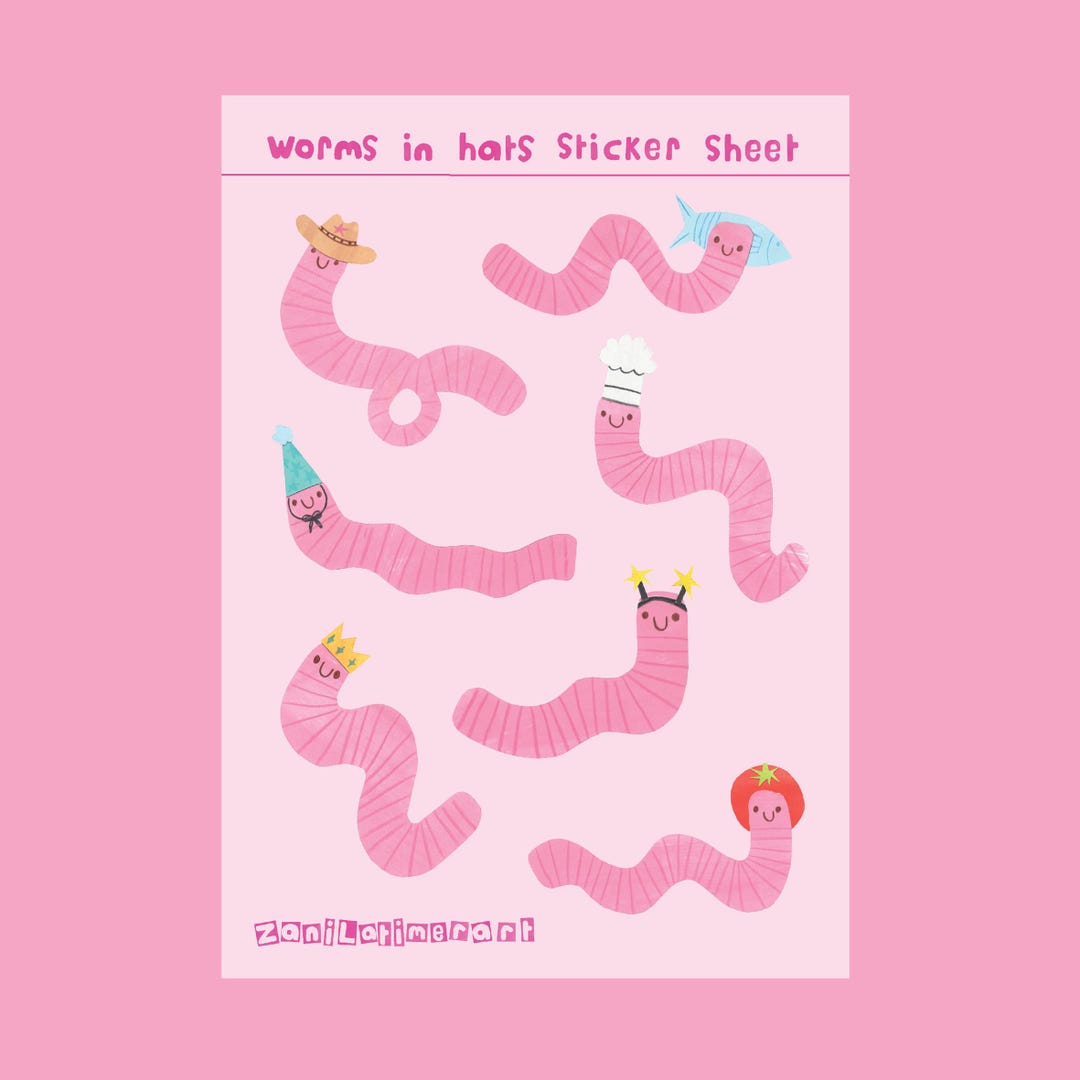 Worms in Hats A6 Sticker Sheet - Etsy