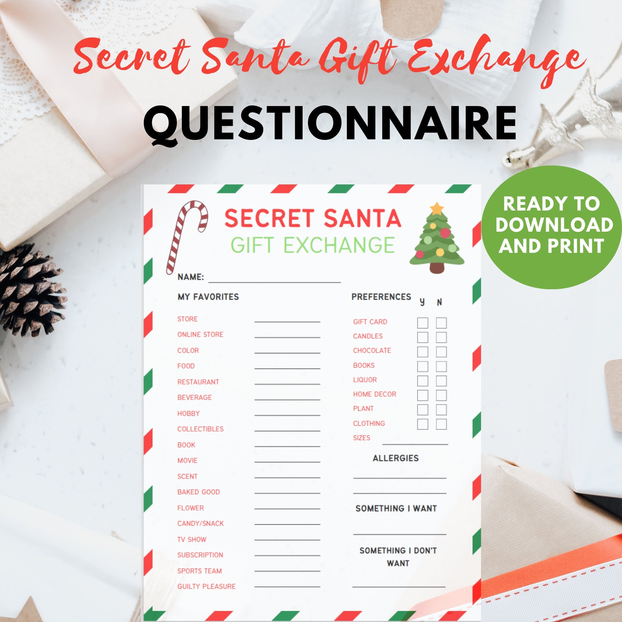 Secret Santa Gift Exchange Questionnaire- Printable, for Colleagues ...