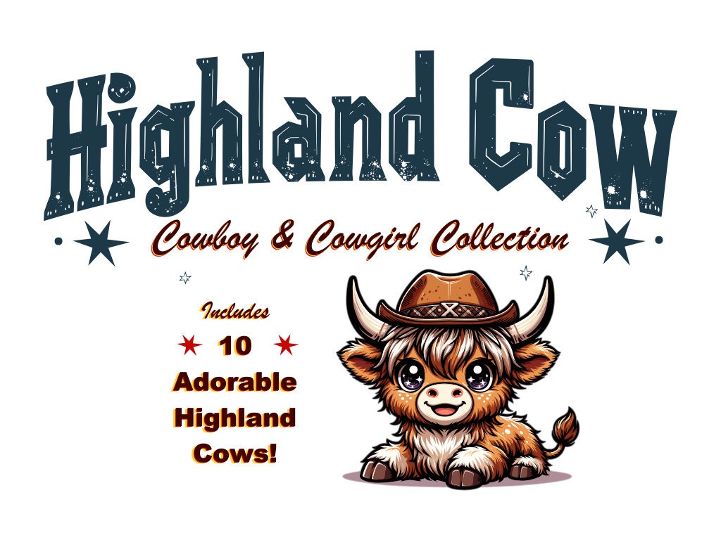 Highland Cow - Cowboy Collection | Svg, Png, Pdf, Jpeg | 10 Pack - Etsy