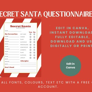 Editable Secret Santa Questionnaire Printable Secret Santa Form ...