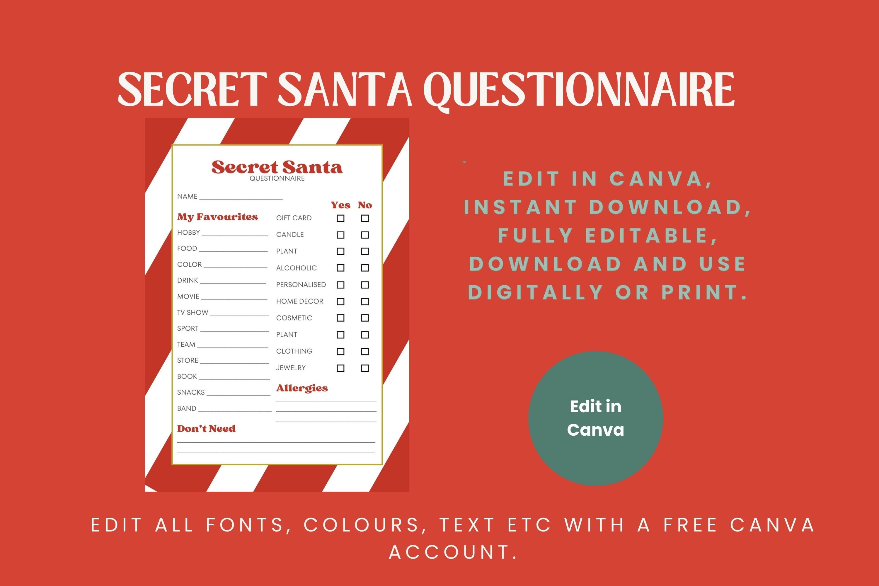Editable Secret Santa Questionnaire Printable Secret Santa - Etsy