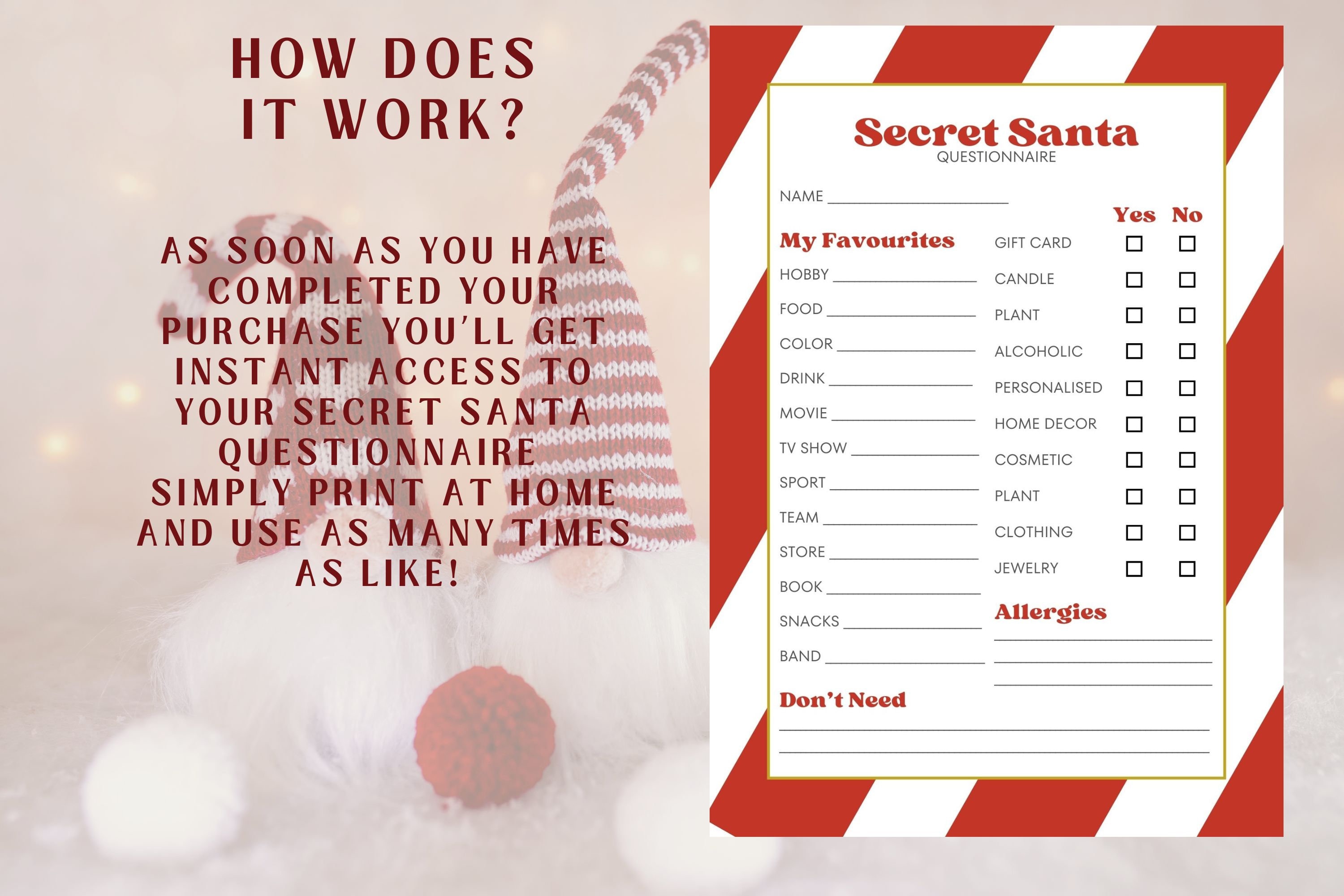 Secret Santa Printable Gift Questionnaire Work Party Gift List Gift ...