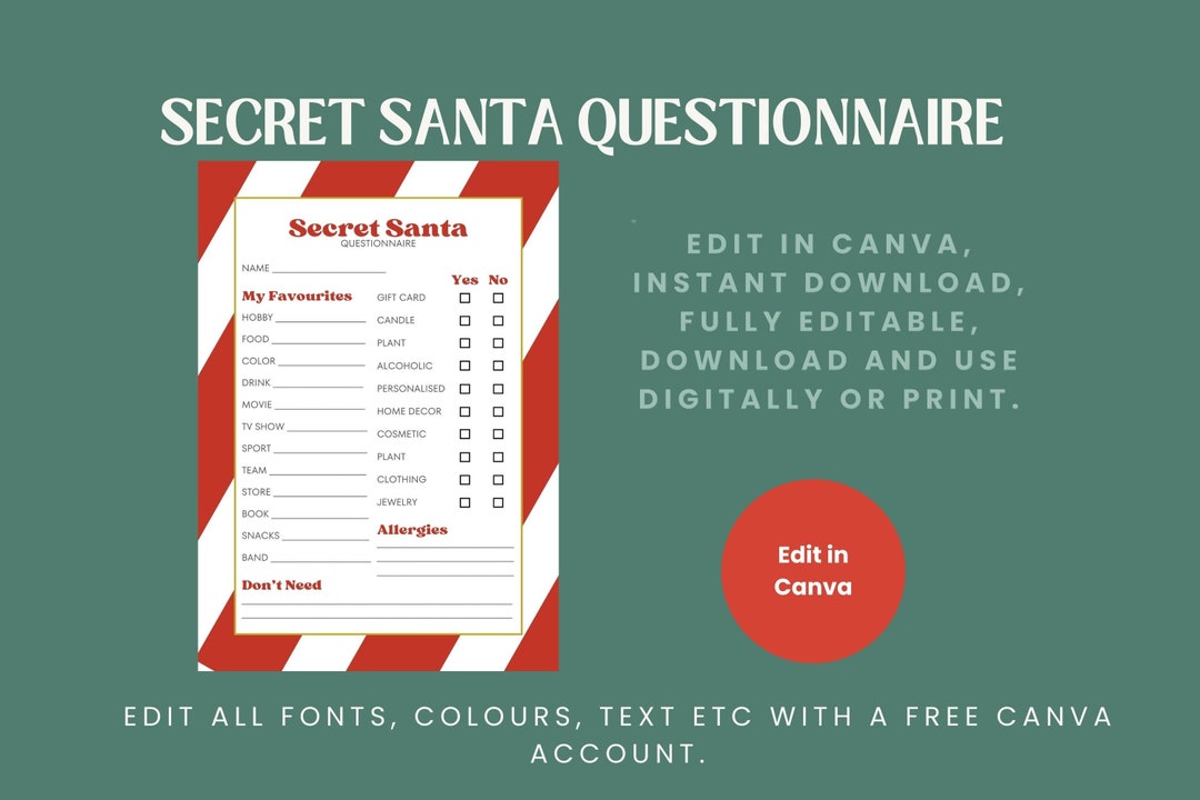 Editable Secret Santa Questionnaire Printable Secret Santa Form ...